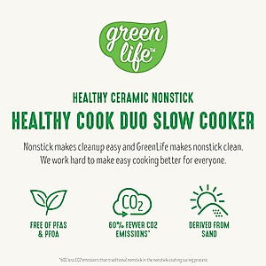 GreenLife 6 Quart Ceramic Slow Cooker, PFAS-Free, Programmable, Removable Healthy Nonstick Pot for Family Meals, Sear on Stovetop, Keep Warm, Digital Timer, Dishwasher Safe Glass Lid & Crock, Cream