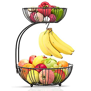 RICCLE Fruit Basket For Kitchen Counter - 2 Tier Fruit Basket With Banana Hanger - Double Layer Metal Wire Fruit Bowl For Kitchen Countertop - Two Tiered Fruit Holder For Produce, Vegetables, Kitchen