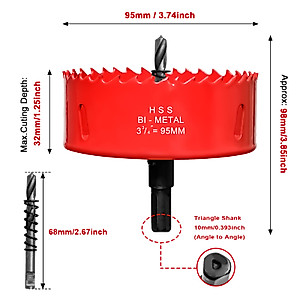 Hole Saw 3 3/4” (95mm) for Wood and Plastic, HSS Bi-Metal Hole Cutter Core Drill Bit for Drywall, PVC Boards, Fiberglass and Vent Pipes