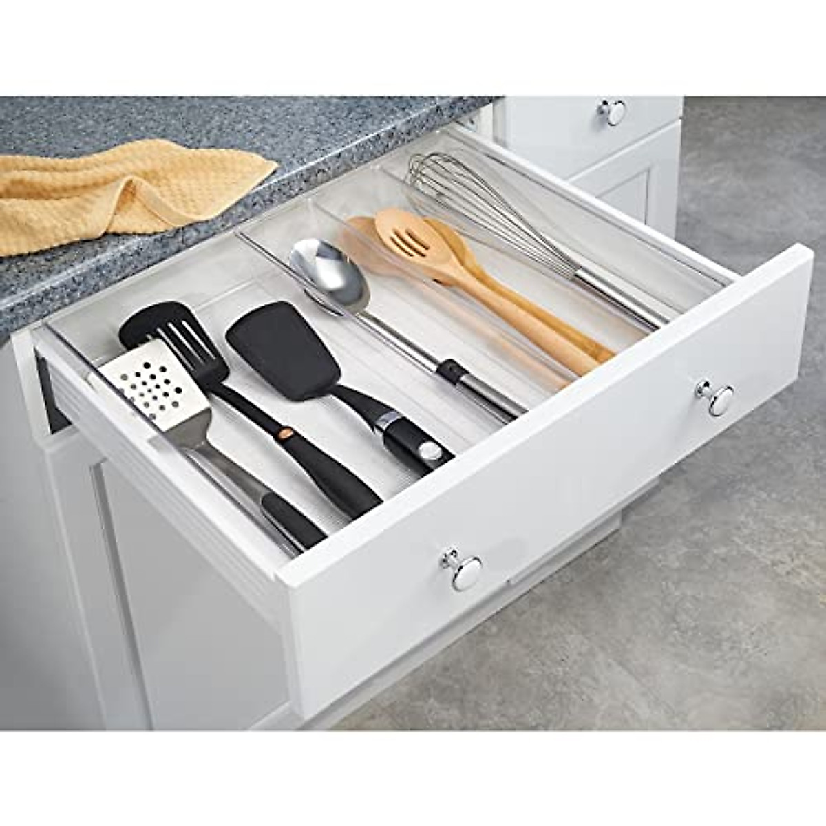 mDesign Plastic Adjustable/Expandable Divided Drawer Storage Organizer with 4 Compartments for Kitchen Pantry, Cupboard, Cabinet, Hold Silverware, Utensils, Cutlery - Ligne Collection - 2 Pack - Clear