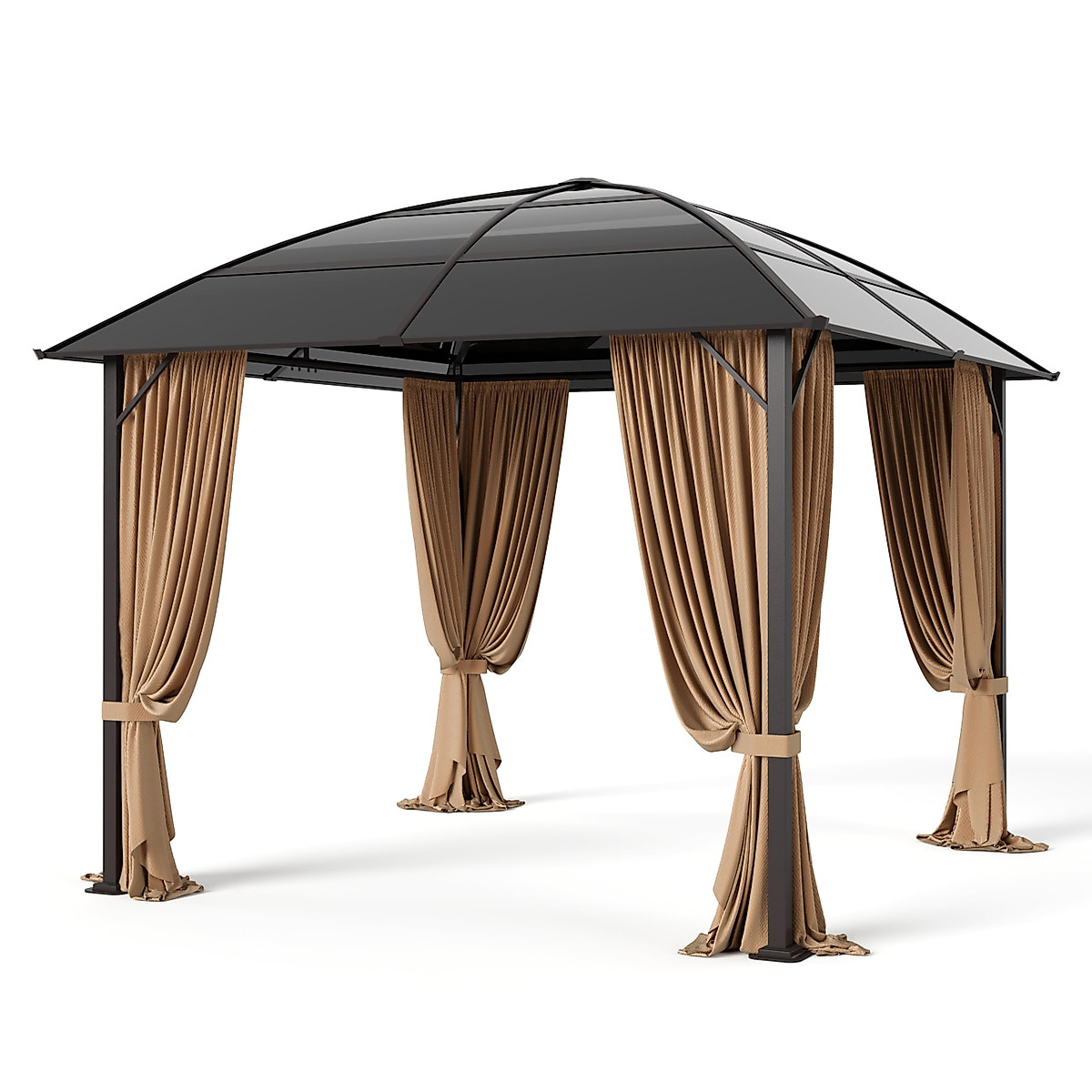 HERA'S HOUSE 10x10 Outdoor Hardtop Gazebo, Patio Canopy Flea Defence with Mosquito Netting&Curtains, Permanent Polycarbonate Tent Pergola for Lawn, Parties, Courtyard, Garden(Brown)