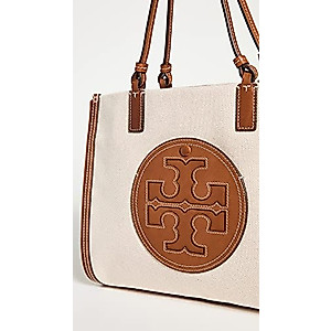 Tory Burch Women's Ella Canvas Small Tote, Natural/Classic Cuoio, Off White, One Size