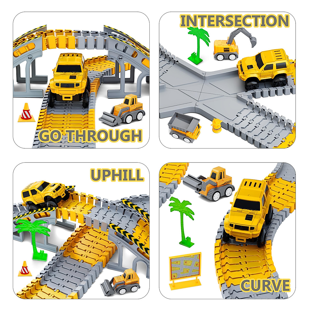 Kids Toys 253 PCS Construction Race Tracks Toy for 3 4 5 6 7 8 Year Old Boys Girls, 5 PCS Construction Truck Car and Flexible Track Play Set Create A Engineering Road Games Toddler Toys Birthday Gifts