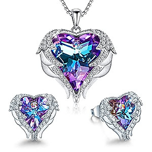 CDE Angel Wing Heart Jewelry Sets Gift for Women Pendant Necklaces and Earrings Anniversary Birthday Mother's Valentine's Day Jewelry Gifts for Women Mom Stepmom Daughter