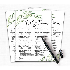 GREENERY Baby Shower Game — BABY TRIVIA Games — Pack of 25 — Fun Baby Facts Games, Floral, Green, Olive Branch Baby Shower Activity, Rustic Gender Neutral Baby Shower Games, G320-TRV