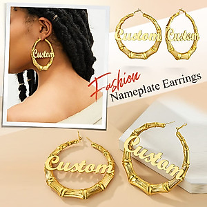 Custom4U Personalized Gold Hoop Earrings with Name Custom Bamboo Elegant Earrings Memory Jewelry Gifts for Women