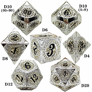 Metal Dice Set 7pcs DND - Table Game RPG Hollow Dice Silver and Black, with Metal Gift Box, Suitable for Dungeon and Dragon D&D MTG, Math Teaching, Polyhedron D4 D6 D8 D10 D10％ D20