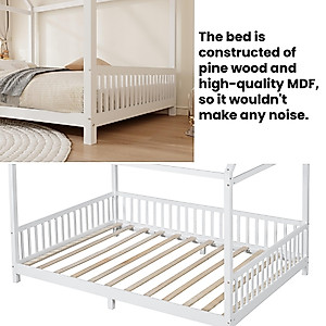 Merax Full Size House Bed for Kids, Wood Platform Bedframe with Light and Guardrail for Teens Girls Boys, No Box Spring Needed, White