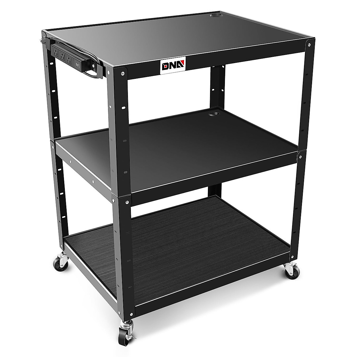 DNA MOTORING 3-Layer Utility Steel AV Cart with Wheels Power Strip, 35" x 25" x 24"-42" Height Adjustable Rolling Projector Cart,TOOLS-00137