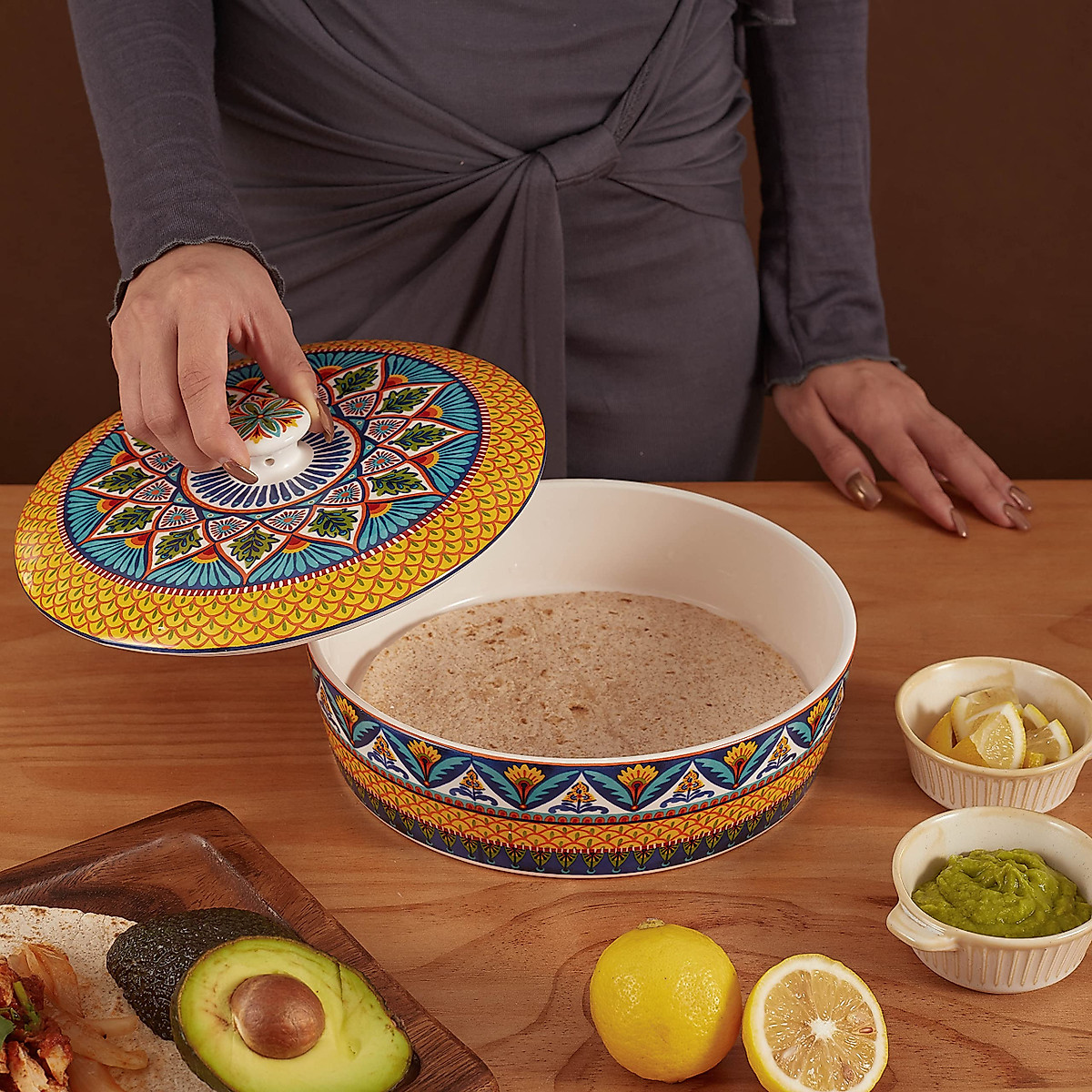 Bico Havana Ceramic 8.8 inch Tortilla Warmer, Tortilla Server with Lid, Taco Holder for Mexican Fiesta Party, Taco Tuesday, Microwave and Dishwasher Safe