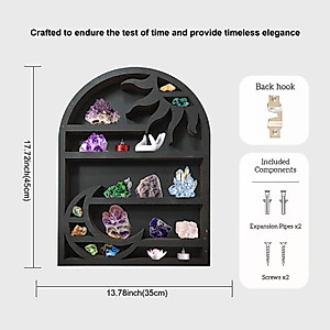 Moon & Sun Crystal Display Shelf, Wooden Crescent Moon Shelf Crystal Holder for Stone Essential Oils Plants, Moon Wall Decor for Spiritual Hippie or Witch Room, Zen Wall Decor Arch Shelf (A)