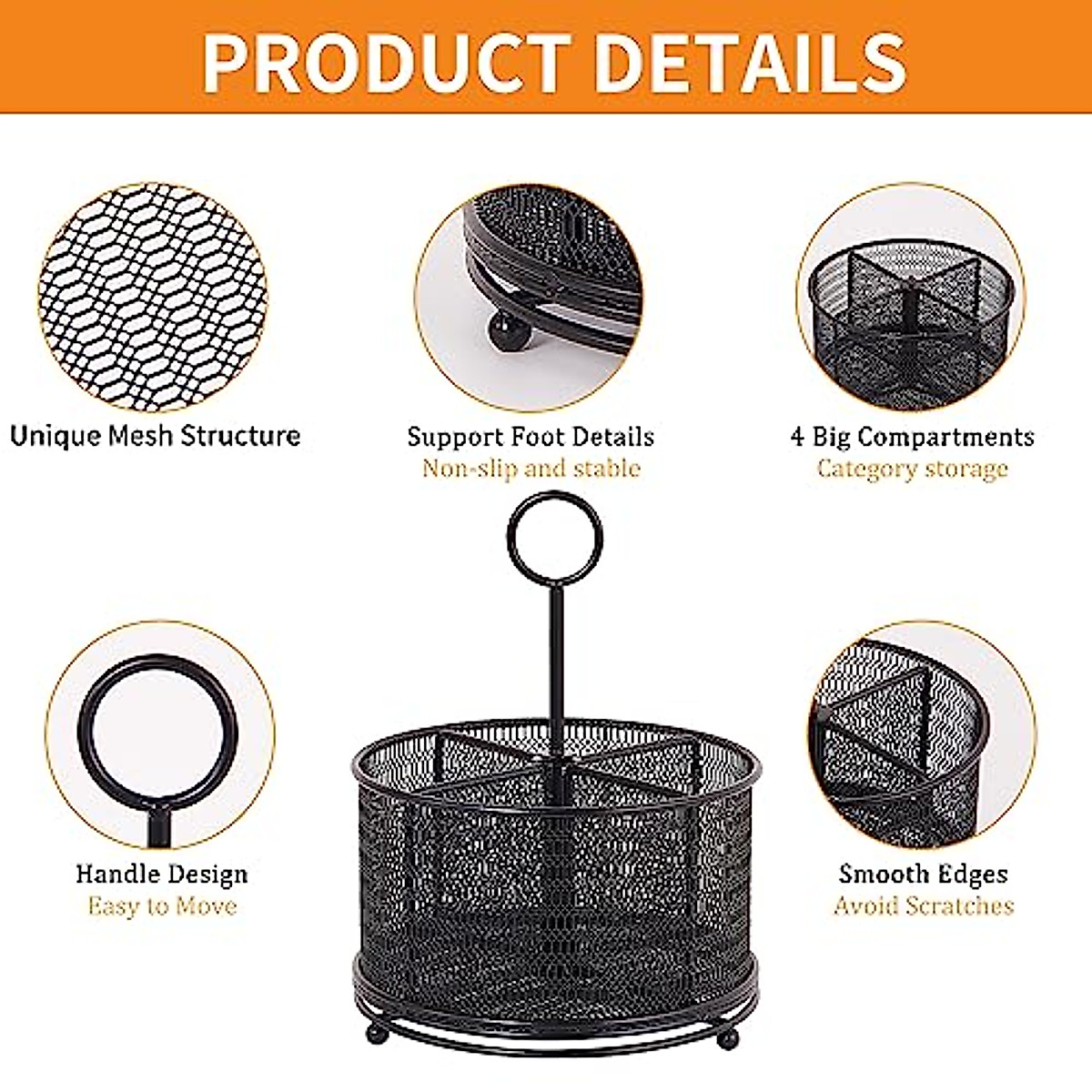 Spacrea Pencil Holder for Desk - 360°Degree Rotating Pen Organizer, Desk Organizer with 4 Compartments, Pen Holder for Desk, For School, Classroom, Office, Art Supplies(Black)