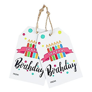 Happy Birthday Gift Tags with String,100pcs Colorful Candles Birthday Kids Presents,Personalized Cardstock Tags with Holes for Baby Shower,Adult, Boys or Girls Birthday Party Gift Bags（3.3"x2.1")