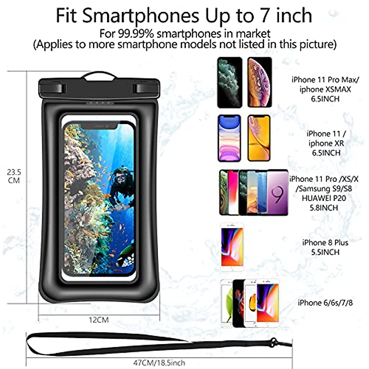 v-Golvin Floating Universal Waterproof Phone Pouch, IPX8 Cellphone Dry Bag Waterproof Case for iPhone 13 12 11 Pro Max SE 2020 XS Max XR X 8 7 6s Plus S10 S9 S20 S21 Note 20/10 Up to 7 inches -2 Pack