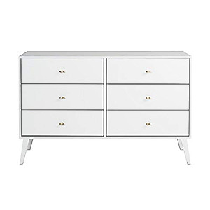 Prepac Milo Mid-Century 6 Drawer Double Dresser For Bedroom, 16" D x 52.50" W x 33" H, White