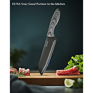 EUNA 7 Inch Chef Knife Ultra Sharp, Kitchen Knife with Sheath & Gift Box, Santoku Knife for Meat/Fruit/Veggie Cutting, Gray Zebra Texture, Non-sticking coating and PP Handle Gary-Black, L03