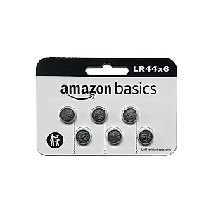 Amazon Basics 6-Pack LR44 Alkaline Button Coin Cell Battery, 1.5 Volt, Long Lasting Power, Mercury-Free