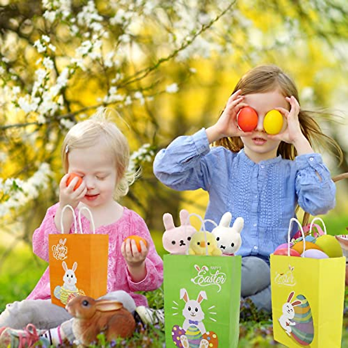 16Pcs Easter Gift Bags Bunny Paper Treat Bags with Handle Easter Egg Hunts Party Favors Cookie Candy Gift Wrapping, 4 Styles Easter Basket