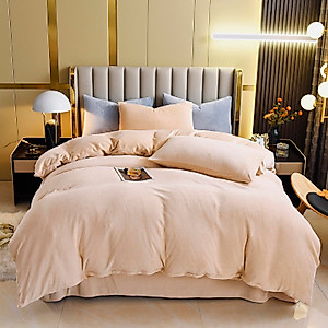 LweiPsqLin Velvet Duvet Cover Set Queen Size, Solid Flannel Comforter Cover 3Pcs Ultra Soft Fuzzy Cover with Zipper Closure Corner Tie (Beige, Queen)
