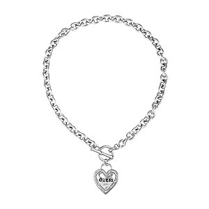 GUESS Silver-Tone Dangle Logo Heart Pendant Toggle Necklace