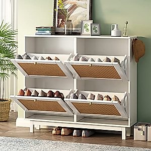 Polibi Boho Style Shoe Cabinet with 4 Rattan Flip Drawers and 3 Metal Side Hooks, Free Standing Wooden Shoe Rack Storage Shoes Organizer for Entryway/Living Room/Bedroom, White