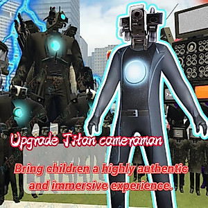 Poterloy Camera Man Costume Cosplay For Boy Cameraman Cosplay Bodysuit Tv Man Jumpsuit For Halloween with Mask 5-6 year