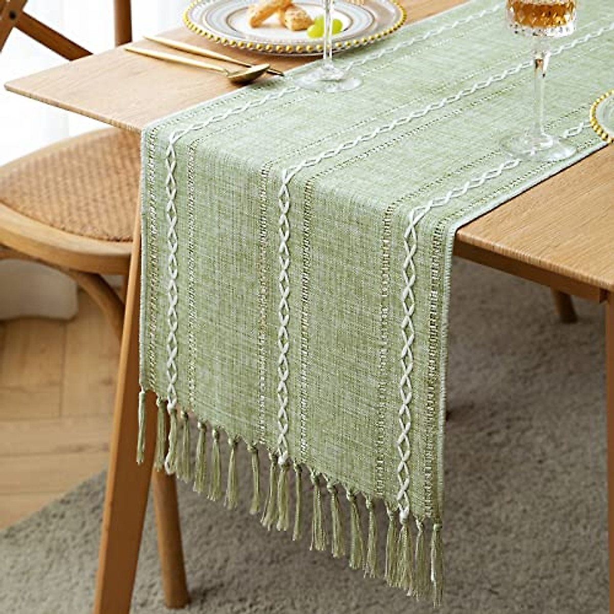 ZeeMart Farmhouse Table Runner, Rustic Table Runners 72 Inches Long, Linen Boho Table Runner, Braided Striped Green Table Runner for Dining Party Holiday, 15x72 Inches, Hollow Grass Green
