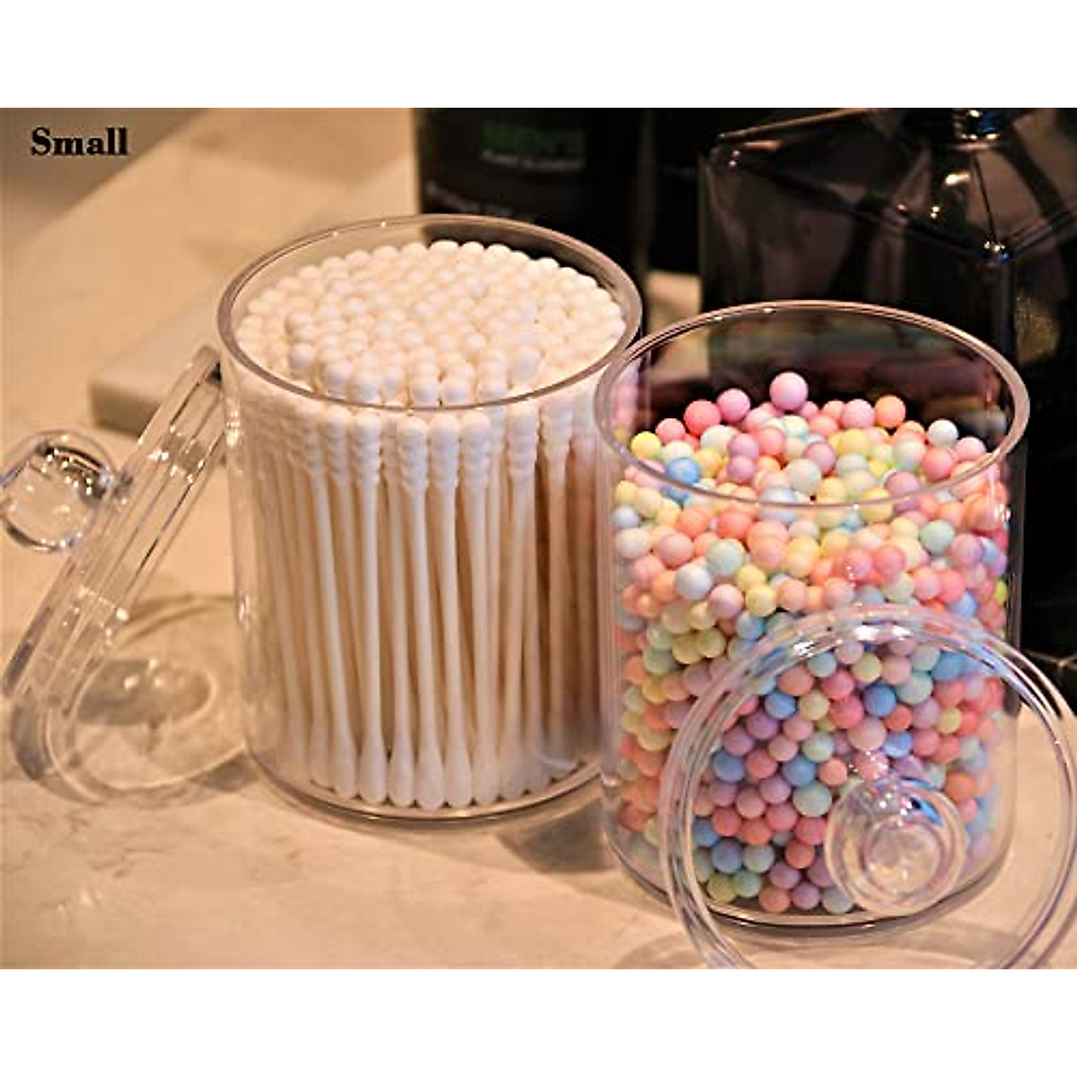 Qtip Holder Storage Organizer Set, 4 Pcs Clear Plastic Apothecary Jar with Lid, Bathroom Organizer Canister for Cotton Ball, Cotton Swab, Cotton Round Pads, Floss, Bath Bombs, Spa Salts, Powder Puffs