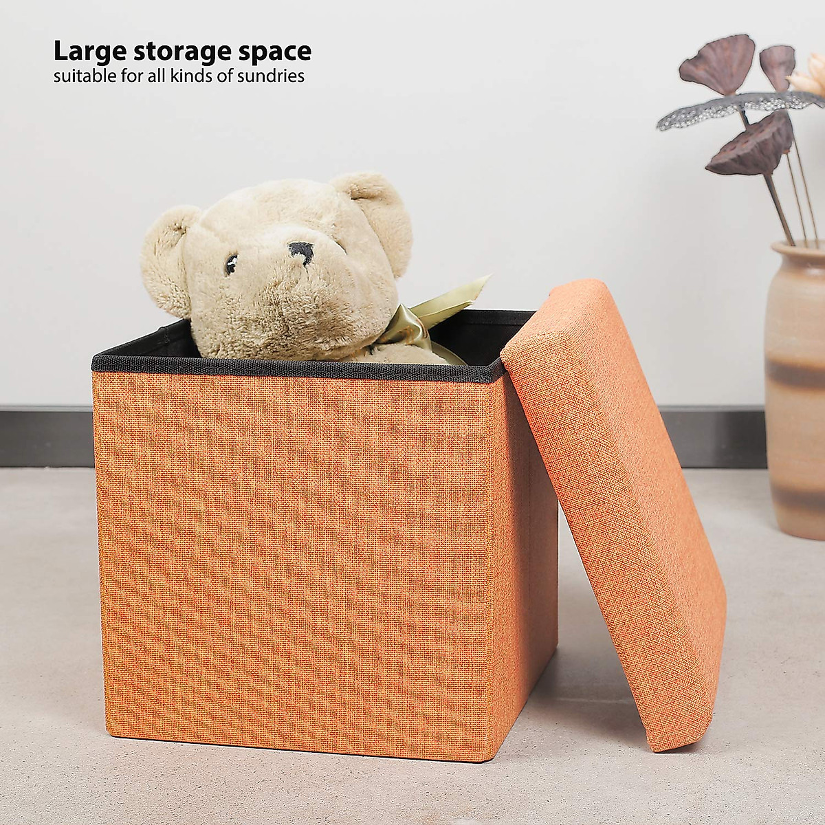 B FSOBEIIALEO Storage Ottoman Cube, Linen Small Foot Seat,for Living Room, Bedroom, Home Office, Dorm Storage Footrest Orange 11.8"x11.8"x11.8"