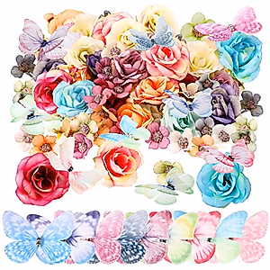204 Pcs Faux Floral Heads Organza Butterfly Set Artificial Silk Mini Flowers Daisy Rose Small Fake Flowers Heads 3D 2 Layers Butterflies for Crafts Car Cake Wedding Party Decorations DIY Embellishment
