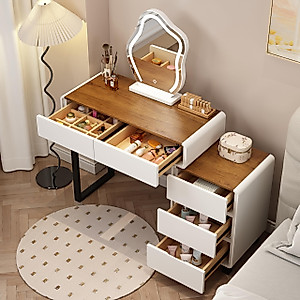 HOMEHIGH Vanity Desk with Mirror and Lights, Dressing Table with 5 Drawers and Adjustable Cabinet, Makeup Vanity Desk with 3 Lighting Modes for Bedroom, Makeup Room
