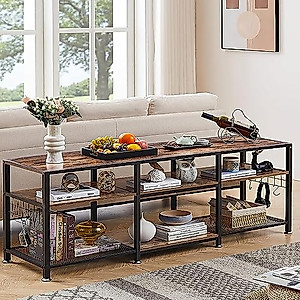 VECELO TV Stand for Televisions up to 75 Inch, Industrial Entertainment Center with 3-Tier Open Storage Shelves& Hooks for Living, Bedroom and Gaming Room, 70 Inch, Brown