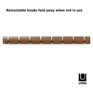 Umbra Flip Wall-Mounted Coat Rack Rail Hook for Hats, Jackets, Bags and More – Modern, Space-Saving Storage Organizer for Entryway, Mudroom, Closet, Bathroom, Bedroom, Kids Room, or Nursery, 8 Hooks, Light Walnut/Gold