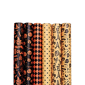 sorkwo Halloween Wrapping Paper Sheet, 6 Sheets Halloween Pattern Paper Flat Wrapping Paper Sheets Gift Wrapping Paper with 6 style for Halloween Birthday Party Gift
