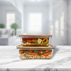 JS Gourmet 2 Pcs Glass Food Storage Containers with Bamboo Cutting Board and Airtight Lid, Ideal for Preparing and Storing Meals, Food, Fruits, Salad and more Ingredients (35oz and 51oz)