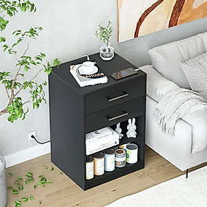 Irontar Nightstand with Charging Station, 2 Drawers End Table with 2 AC Outlets and 2 USB Ports, Wooden Side Table, Bedside Table with Adjustable Open Storage, Bedroom Night Stand, Black BZZ001BE