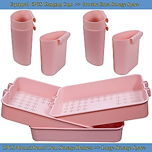 Piowio 3 Tier Utility Storage Cart Rolling Cart Organizer Shelf with 6PCS Hanging Cups for Home Kitchen Office Storage (Pink)