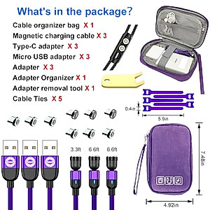 EndlesShine Magnetic Charging Cable(3Pack3.3/6.6/6.6FT&Cable Bag),One-Handed Charging Magnetic Phone Charger 3 in 1 Compatible with Micro USB, Type C 3A Charging USB Data Sync Cable(Purple)