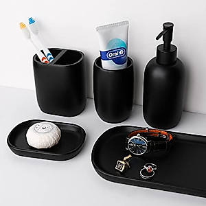 Bathroom Accessories Set, FoverOne 5-Piece Resin Vanity Counter Accessories Set Complete with Toothbrush & Toothpaste Holder, Tumbler, Vanity Tray, Lotion Dispenser, and Soap Dish - Matte Black