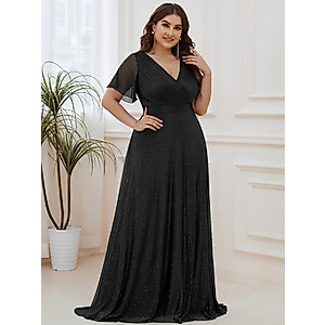 Ever-Pretty Plus Women's Plus Size V-Neck Wrap Short Flutter Sleeves Long Dress for Woman Black US24