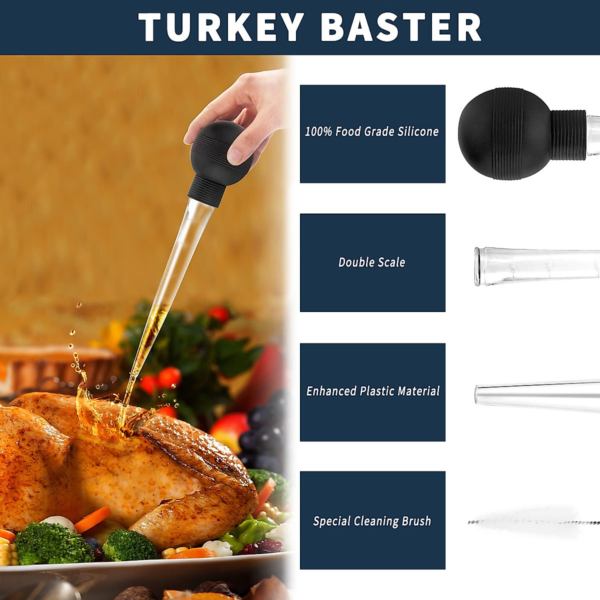 Kendane Turkey Baster With Cleaning Brush, Baster Syringe for Home Baking and Roaster Turkey, Include Detachable Food Grade Bulb with Double Scales for BBQ Grill Baking Kitchen Cooking