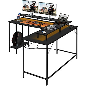Panana 53.5" L Shaped Computer Desk Gaming Desk with LED Lights and Power Outlets, Reversible L Shaped Corner Desk with Monitor Stand, Home Office Desk with Shelf and USB Port (Black)