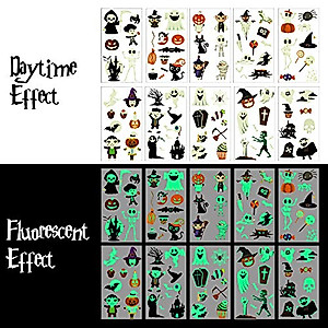 Halloween Tattoos for Kids, Trick or Treat Temporary Tattoos, Kids Glow in The Dark Waterproof Vampire, Human Skeleton, Horror Pumpkin, Witch, Alien Tattoo Stickers for Halloween Party Favor