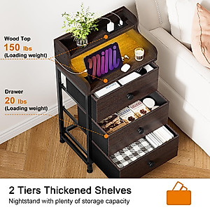 REAHOME Nightstand with Charging Station and LED Light, Tall Brown Night Stand with 3 Drawers and 2-Tier Shelf, Bedside Table with Sturdy Steel Frame Wood Top for Bedroom, Living Room - Brown