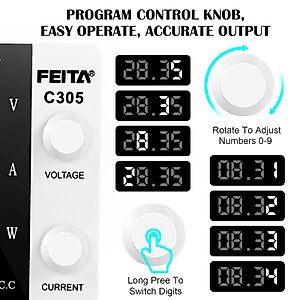 FEITA C305 DC Power Variable Supply Adjustable 30V 5A High Precision Bench Lab Power Supplies Programmable with Output Switch, 5V/2A USB Interface for Anodizing & Electroplating Kit