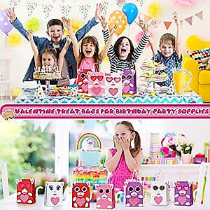 12 Pcs Valentine Treat Bags for Kids, Cat DIY Valentine Candy Treat Bags Kraft Paper Gift Bags Valentine Goodie Bags with 18 Accessories for Snack Party Favor and Students Classroom Gift Exchange