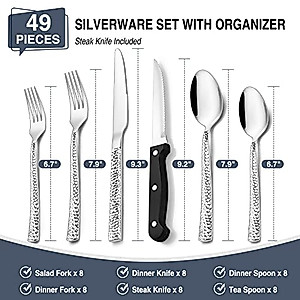 Hammered Silverware Set with Organizer, 49 Piece Stainless Steel Flatware Set for 8, Eating Utensil Sets with Steak knives, Cutlery Tableware Service Include Fork Knife Spoon Set, Mirror Polished