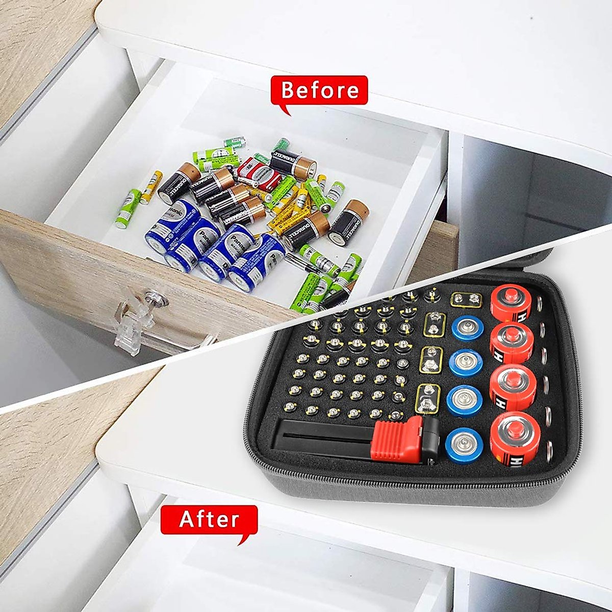 Linkidea Hard Battery Storage Container, Organizer Box with Tester BT-168, Safe Carrying Battery Case Holder - Holds 63 Various Sizes AA AAA 9V C D Batteries with Battery Tester