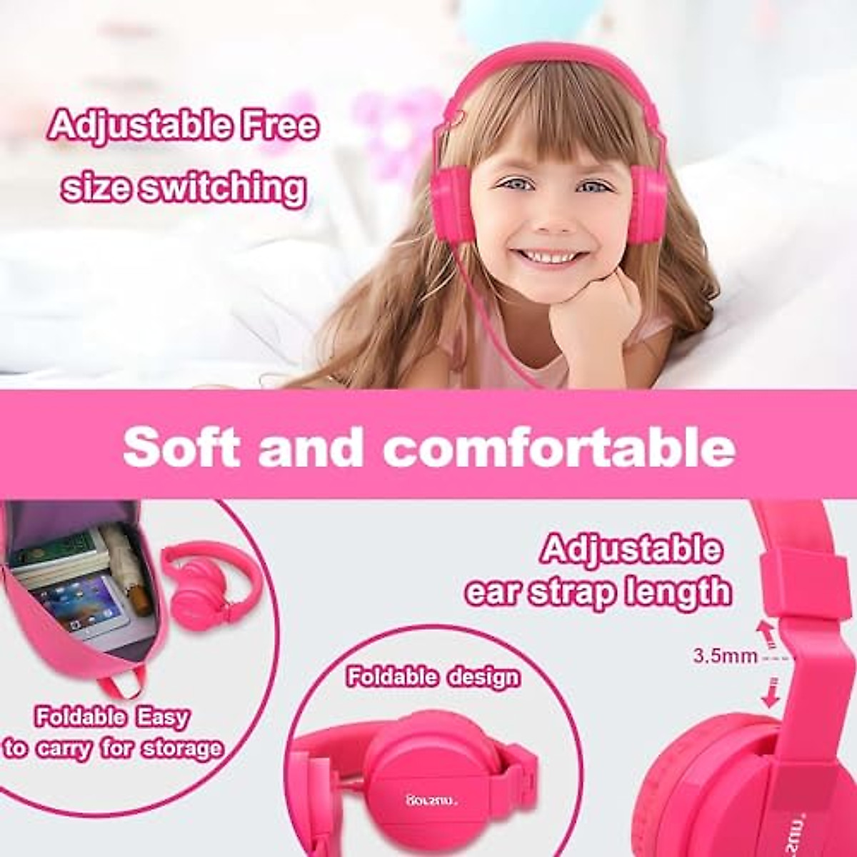 TENLUBEN Gorsun Kids Headphones Wired Headphone, Children Girls Boys Teen Lightweight Foldable Adjustable Corded On-Ear Headset for School Online Course Chromebook Cellphones Kindle Airplane (Pink)