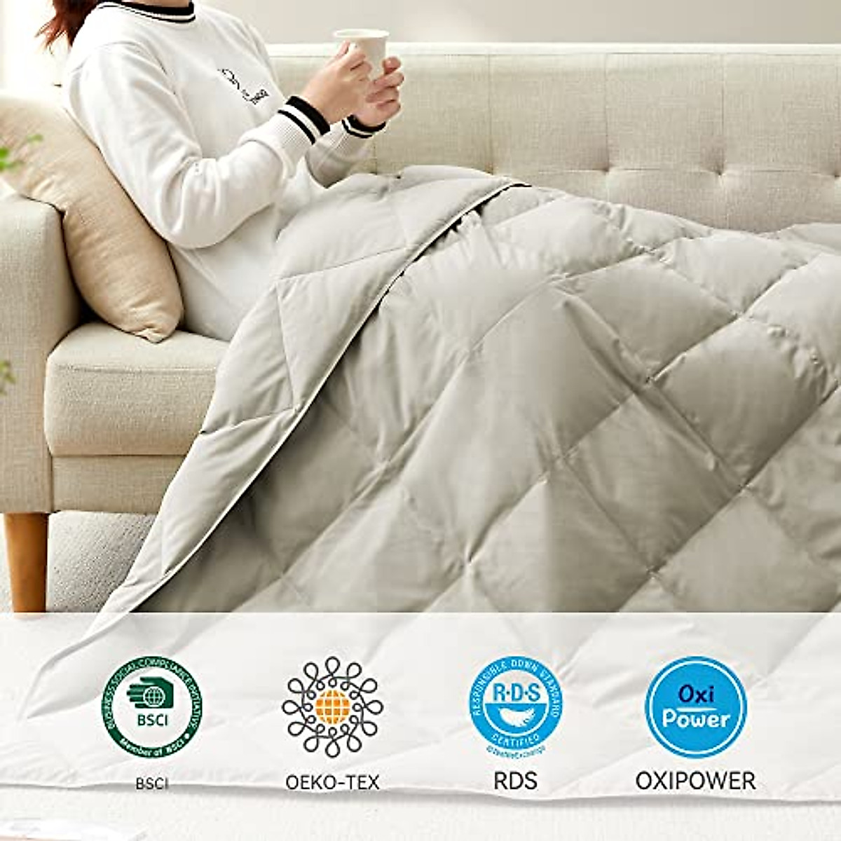 Natural Goose Down Throw Blanket for Couch,Bed Comforter,Sofa Blanket Throw,Outdoor Blanket,Lightweight Down Comforter with Peach Skin Fabric,Reversible Lap Down Blanket Gifts,50"X70",Beige Blanket